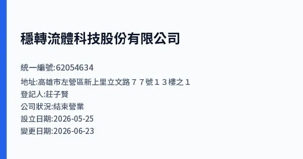 穩轉流體科技股份有限公司的照片-統編 62054634(高雄市) 公司登記資料與營業項目詳細圖表