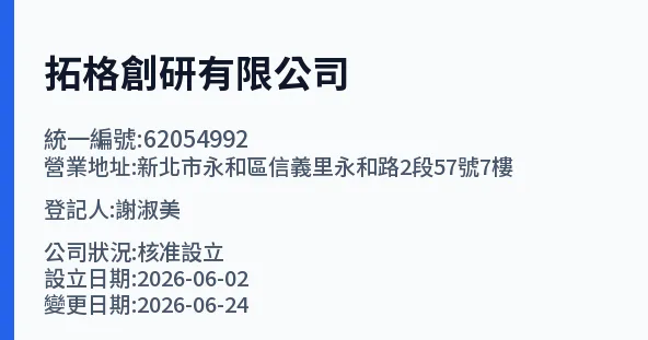 拓格創研有限公司的照片-統編 62054992(新北市) 公司登記資料與營業項目詳細圖表