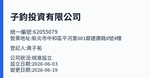 子鈞投資有限公司的照片-統編 62055079(新北市) 公司登記資料與營業項目詳細圖表