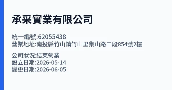 承采實業有限公司的照片-統編 62055438(南投縣) 公司登記資料與營業項目詳細圖表