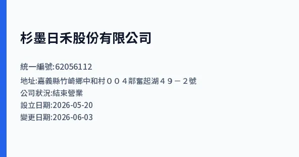 杉墨日禾股份有限公司的照片-統編 62056112(嘉義縣) 公司登記資料與營業項目詳細圖表