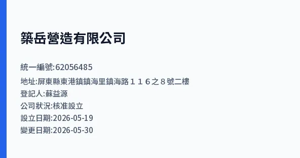 築岳營造有限公司的照片-統編 62056485(屏東縣) 公司登記資料與營業項目詳細圖表