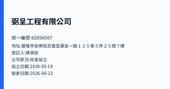 弼呈工程有限公司的照片-統編 62056507 公司登記資料與營業項目詳細圖表