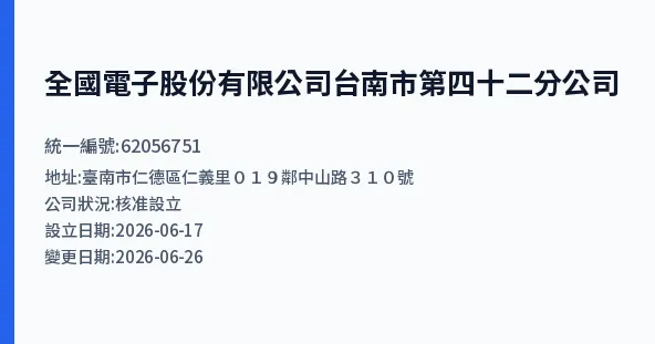 全國電子股份有限公司台南市第四十二分公司的照片-統編 62056751(臺南市) 公司登記資料與營業項目詳細圖表