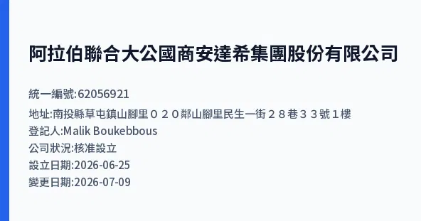 阿拉伯聯合大公國商安達希集團股份有限公司台灣分公司的照片-統編 62056921(南投縣) 公司登記資料與營業項目詳細圖表