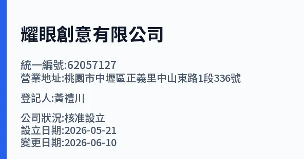 耀眼創意有限公司的照片-統編 62057127(桃園市) 公司登記資料與營業項目詳細圖表