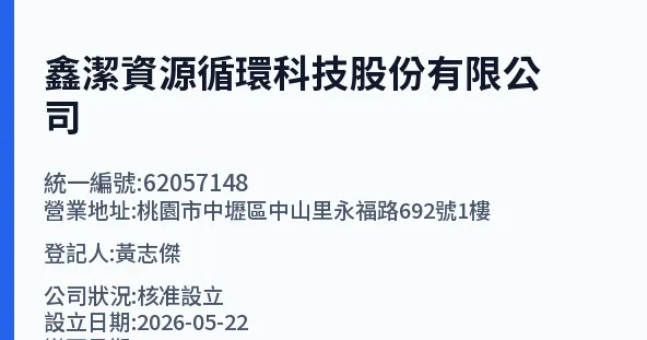 鑫潔資源循環科技股份有限公司的照片-統編 62057148(桃園市) 公司登記資料與營業項目詳細圖表