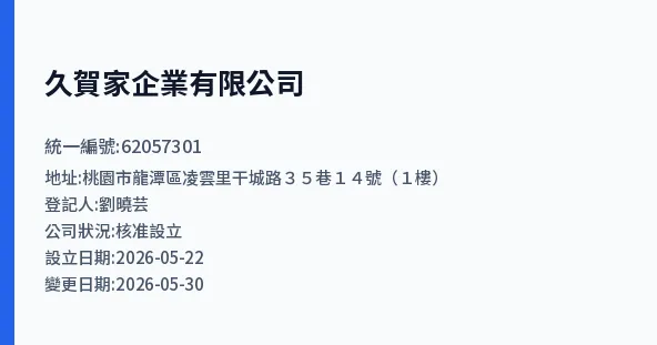 久賀家企業有限公司的照片-統編 62057301(桃園市) 公司登記資料與營業項目詳細圖表