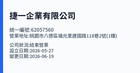 捷一企業有限公司的照片-統編 62057560(桃園市) 公司登記資料與營業項目詳細圖表