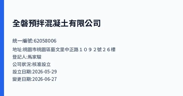 全磐預拌混凝土有限公司的照片-統編 62058006(桃園市) 公司登記資料與營業項目詳細圖表