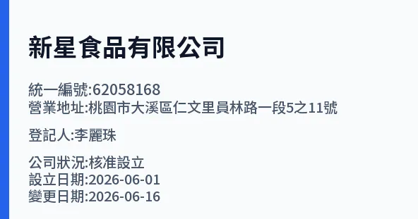 新星食品有限公司的照片-統編 62058168(桃園市) 公司登記資料與營業項目詳細圖表