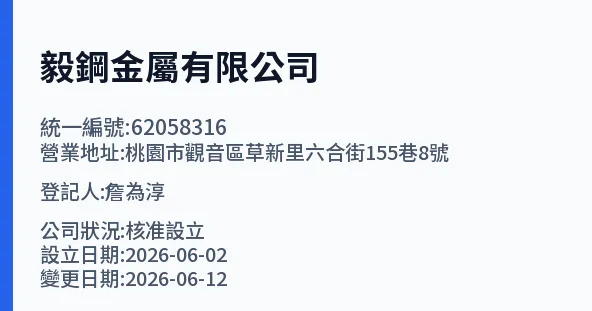 毅鋼金屬有限公司的照片-統編 62058316(桃園市) 公司登記資料與營業項目詳細圖表