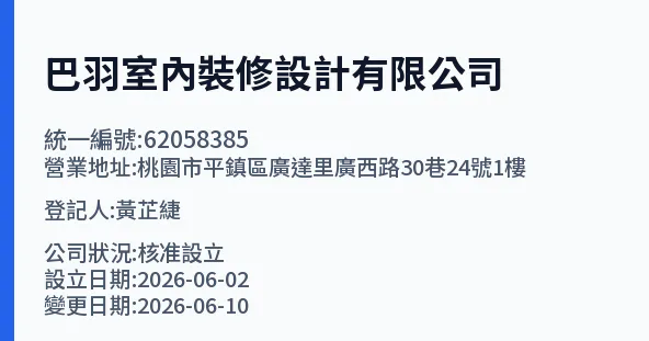 巴羽室內裝修設計有限公司的照片-統編 62058385(桃園市) 公司登記資料與營業項目詳細圖表