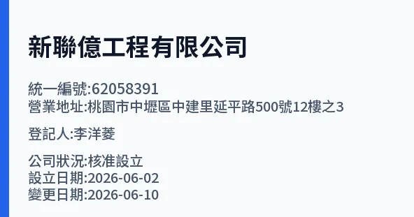 新聯億工程有限公司的照片-統編 62058391(桃園市) 公司登記資料與營業項目詳細圖表