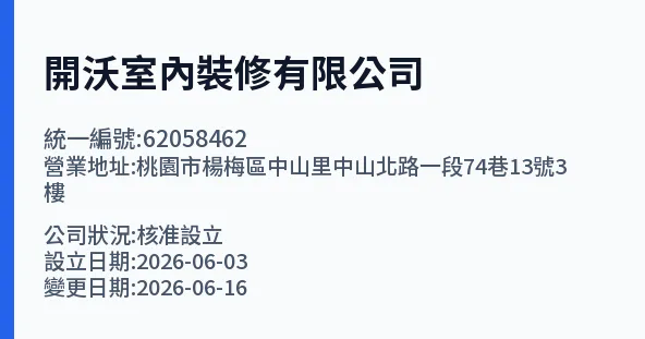開沃室內裝修有限公司的照片-統編 62058462(桃園市) 公司登記資料與營業項目詳細圖表