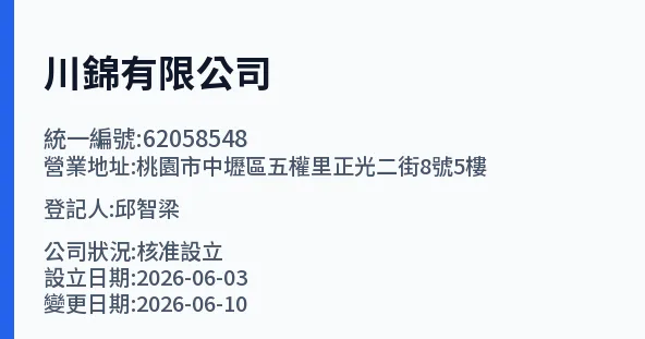 川錦有限公司的照片-統編 62058548(桃園市) 公司登記資料與營業項目詳細圖表
