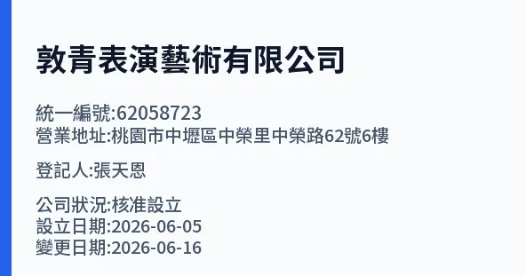 敦青表演藝術有限公司的照片-統編 62058723(桃園市) 公司登記資料與營業項目詳細圖表