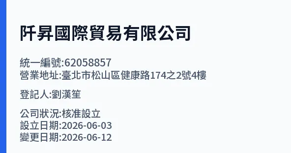 阡昇國際貿易有限公司的照片-統編 62058857(臺北市) 公司登記資料與營業項目詳細圖表