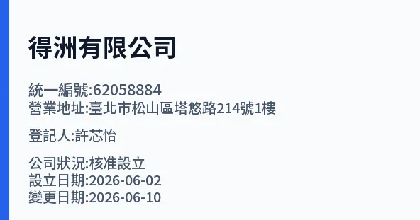 得洲有限公司的照片-統編 62058884(臺北市) 公司登記資料與營業項目詳細圖表