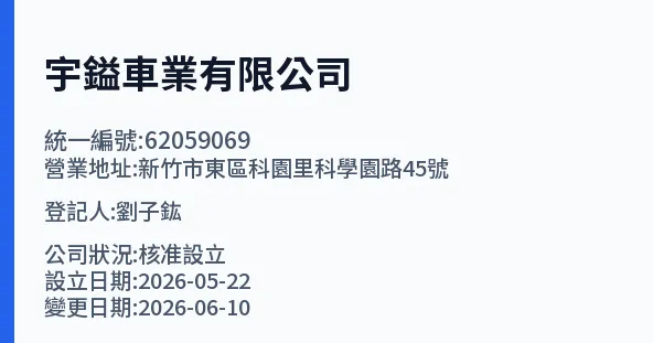 宇鎰車業有限公司的照片-統編 62059069(新竹市) 公司登記資料與營業項目詳細圖表