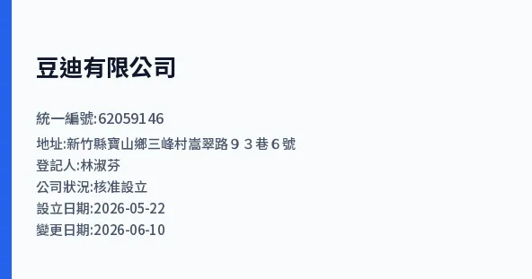 豆迪有限公司的照片-統編 62059146(新竹縣) 公司登記資料與營業項目詳細圖表