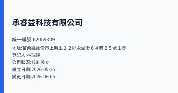 承睿益科技有限公司的照片-統編 62059309(苗栗縣) 公司登記資料與營業項目詳細圖表