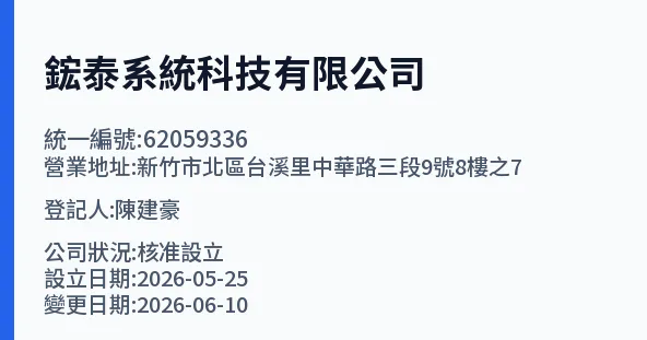鋐泰系統科技有限公司的照片-統編 62059336(新竹市) 公司登記資料與營業項目詳細圖表