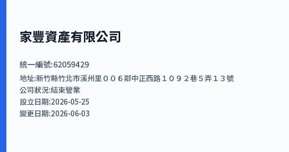 家豐資產有限公司的照片-統編 62059429(新竹縣) 公司登記資料與營業項目詳細圖表