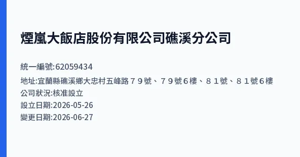 煙嵐大飯店股份有限公司礁溪分公司的照片-統編 62059434 公司登記資料與營業項目詳細圖表