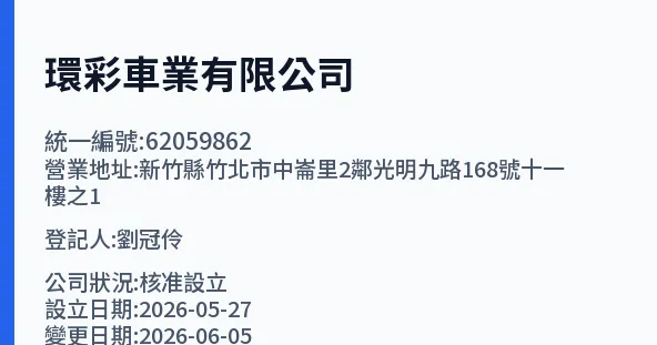 環彩車業有限公司的照片-統編 62059862(新竹縣) 公司登記資料與營業項目詳細圖表