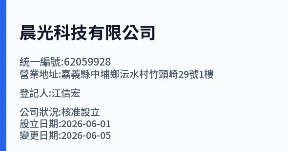 晨光科技有限公司的照片-統編 62059928(嘉義縣) 公司登記資料與營業項目詳細圖表