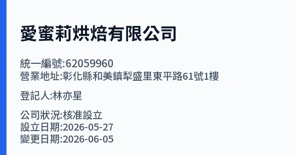 愛蜜莉烘焙有限公司的照片-統編 62059960(彰化縣) 公司登記資料與營業項目詳細圖表