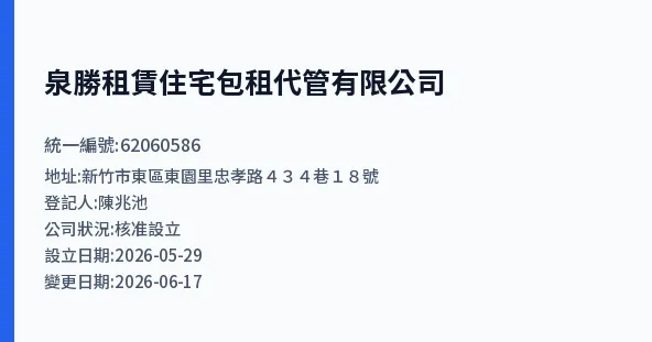 泉勝租賃住宅包租代管有限公司的照片-統編 62060586(新竹市) 公司登記資料與營業項目詳細圖表