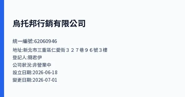 烏托邦行銷有限公司的照片-統編 62060946(新北市) 公司登記資料與營業項目詳細圖表