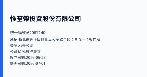 惟笙榮投資股份有限公司的照片-統編 62061240(新北市) 公司登記資料與營業項目詳細圖表