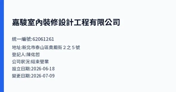 嘉駿室內裝修設計工程有限公司的照片-統編 62061261(新北市) 公司登記資料與營業項目詳細圖表