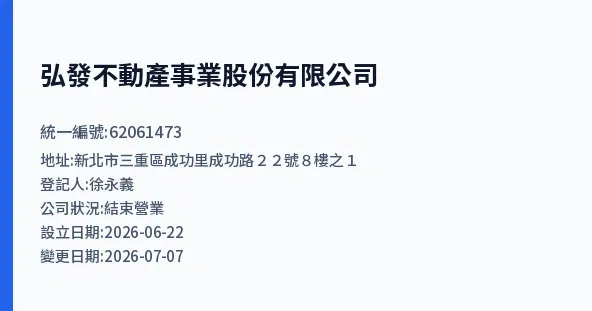 弘發不動產事業股份有限公司的照片-統編 62061473(新北市) 公司登記資料與營業項目詳細圖表