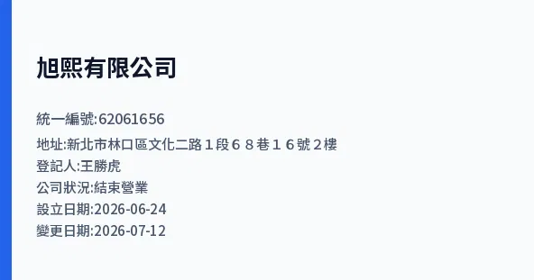 旭熙有限公司的照片-統編 62061656(新北市) 公司登記資料與營業項目詳細圖表