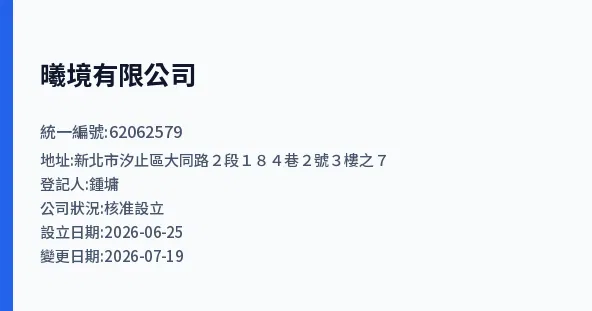 曦境有限公司的照片-統編 62062579(新北市) 公司登記資料與營業項目詳細圖表