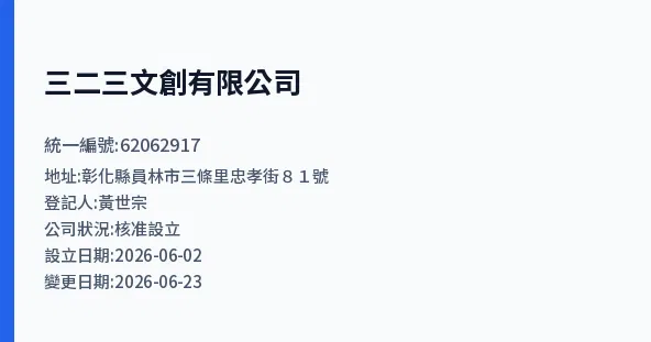 三二三文創有限公司的照片-統編 62062917(彰化縣) 公司登記資料與營業項目詳細圖表