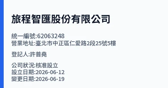 旅程智匯股份有限公司的照片-統編 62063248(臺北市) 公司登記資料與營業項目詳細圖表