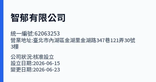 智郁有限公司的照片-統編 62063253(臺北市) 公司登記資料與營業項目詳細圖表