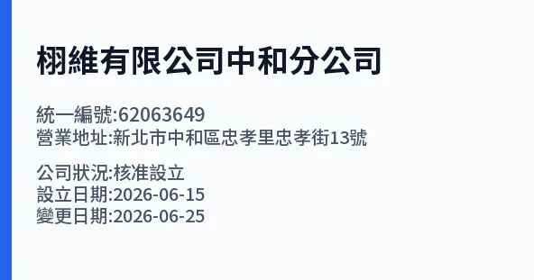 栩維有限公司中和分公司的照片-統編 62063649(新北市) 公司登記資料與營業項目詳細圖表