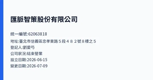 匯脈智策股份有限公司的照片-統編 62063818(臺北市) 公司登記資料與營業項目詳細圖表