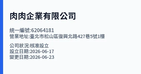 肉肉企業有限公司的照片-統編 62064181(臺北市) 公司登記資料與營業項目詳細圖表