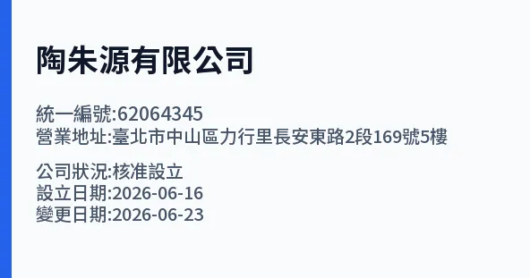 陶朱源有限公司的照片-統編 62064345(臺北市) 公司登記資料與營業項目詳細圖表
