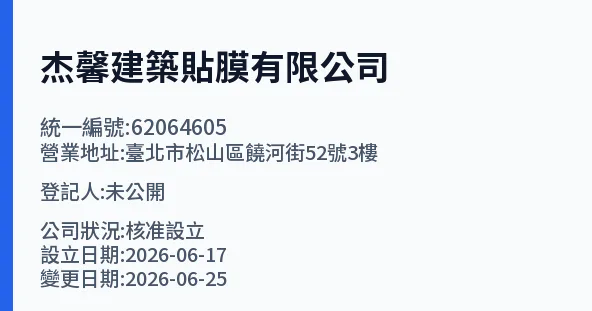 杰馨建築貼膜有限公司的照片-統編 62064605(臺北市) 公司登記資料與營業項目詳細圖表