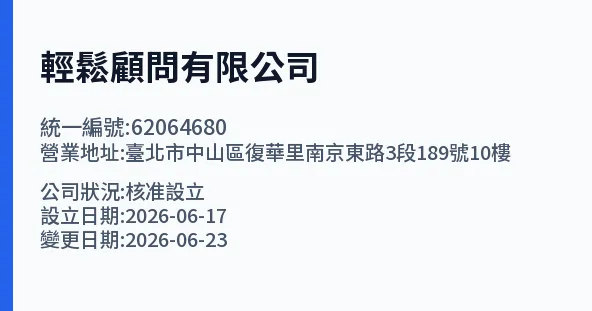 輕鬆顧問有限公司的照片-統編 62064680(臺北市) 公司登記資料與營業項目詳細圖表