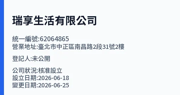 瑞享生活有限公司的照片-統編 62064865(臺北市) 公司登記資料與營業項目詳細圖表