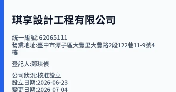 琪享設計工程有限公司的照片-統編 62065111(臺中市) 公司登記資料與營業項目詳細圖表